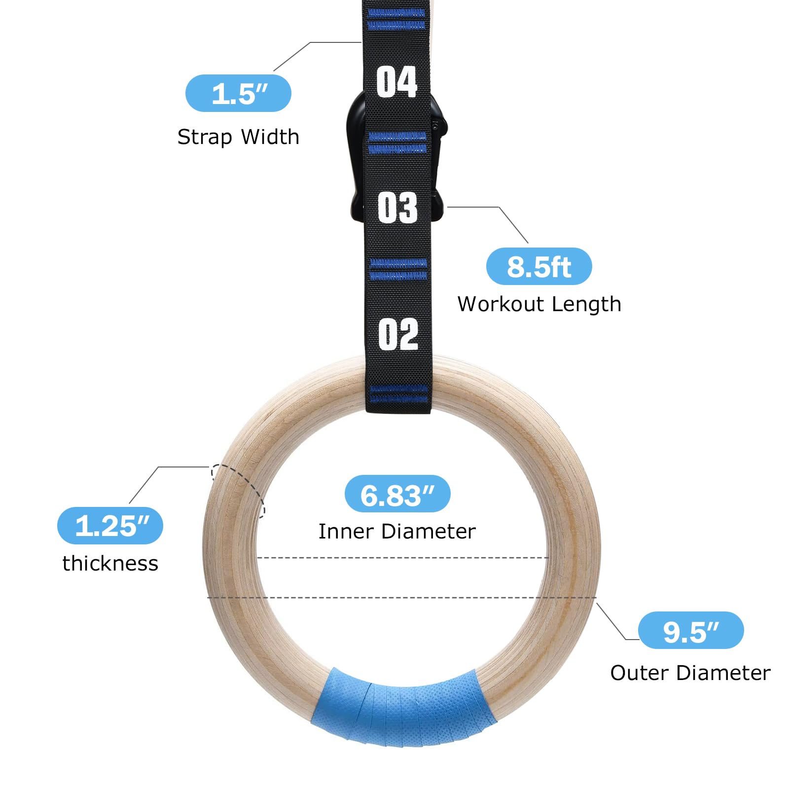 Zingtto Wooden Gymnastic Rings with Adjustable Numbered Straps. 1.25'' Olympic Rings for Core Workout, Crossfit, Bodyweight Training. Home Gym Rings with 8.5ft Exercise Straps and Workout Handles