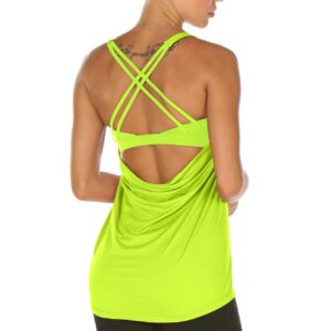 icyzone Workout Tank Tops Built in Bra - Women's Strappy Athletic Yoga Tops, Exercise Running Gym Shirts (Neon Yellow, XL)