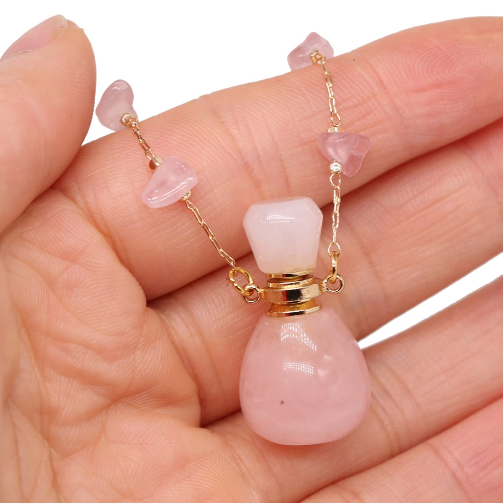 1pc Natural Stone Perfume Bottle Necklace Pink Quartz Pendant Charms for Elegant Women Love Romantic Gift