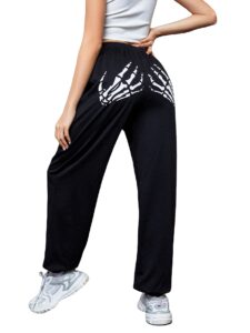 wdirara women's skeleton hand print elastic waist long jogger pants sweatpants multicolor xl