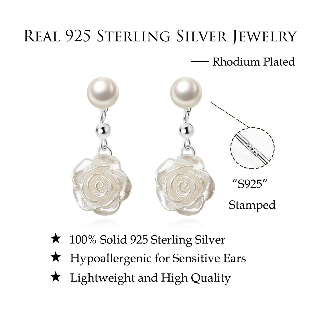 Reffeer Solid 925 Sterling Silver Flower Drop Earrings Dangle for Women Imitation Pearl Drop Earrings Flower Camellia (A-Silver)