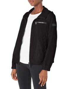 calvin klein women's lightweight water resistant everyday windbreaker, deep black, small