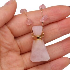 1pc Natural Stone Perfume Bottle Necklace Pink Quartz Pendant Charms for Elegant Women Love Romantic Gift