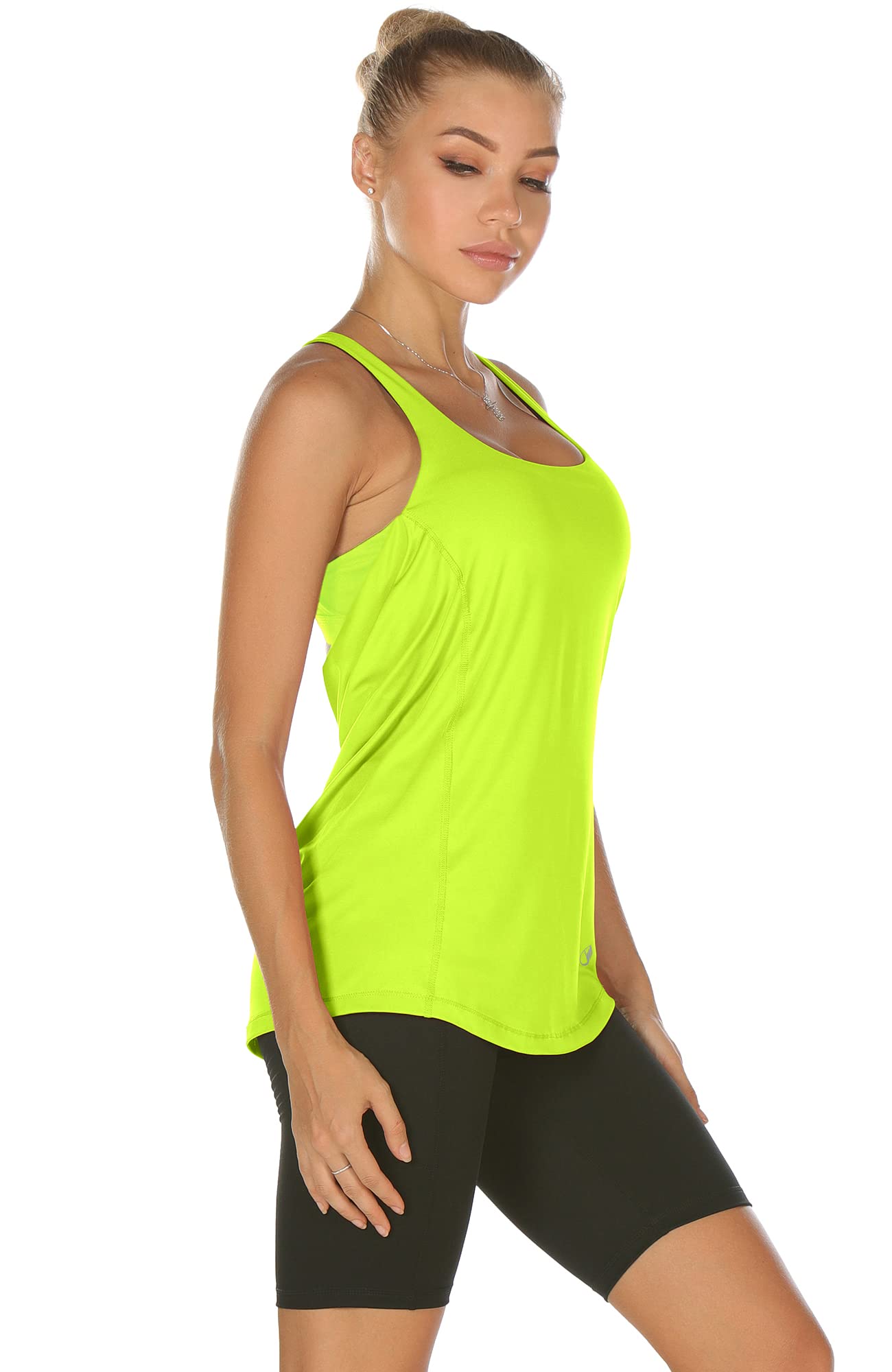 icyzone Workout Tank Tops Built in Bra - Women's Strappy Athletic Yoga Tops, Exercise Running Gym Shirts (Neon Yellow, XL)