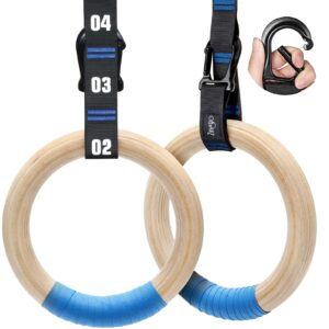 zingtto wooden gymnastic rings with adjustable numbered straps. 1.25'' olympic rings for core workout, crossfit, bodyweight training. home gym rings with 8.5ft exercise straps and workout handles