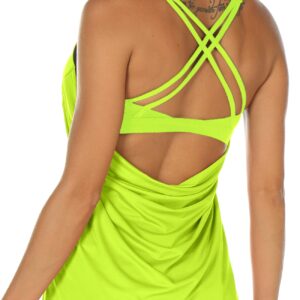 icyzone Workout Tank Tops Built in Bra - Women's Strappy Athletic Yoga Tops, Exercise Running Gym Shirts (Neon Yellow, XL)