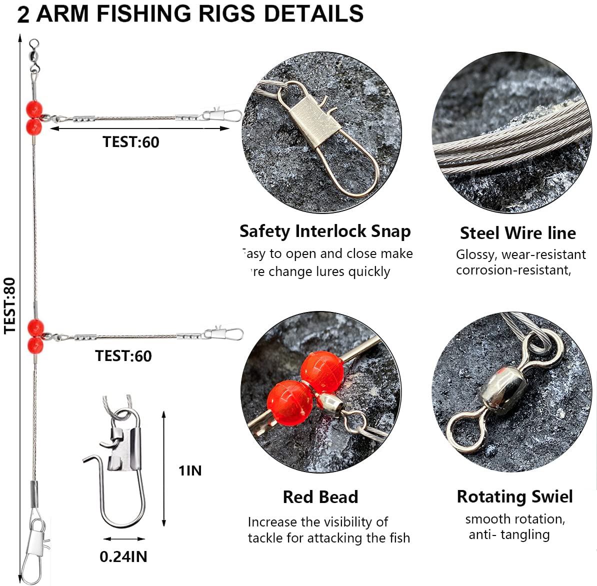 YOTO Fishing Leaders,Stainless Steel Tackle Rig with Tackle Lure Swivels Snaps, Saltwater rig Wire Leader Fishing Leader Wire Bottom rigs for Saltwater