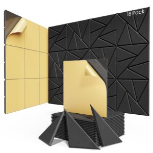 18 pack acoustic panels with self-adhesive, 12"x 12"x 0.4"sound proof foam panels, sound panels high density, soundproof wall panels for home studio office-black