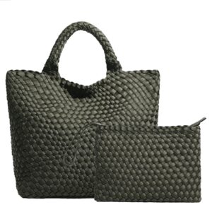 fashion hobo bag handmade woven casual female handbag large capacity neoprene tote bag patchwork women shoulder bags (green)