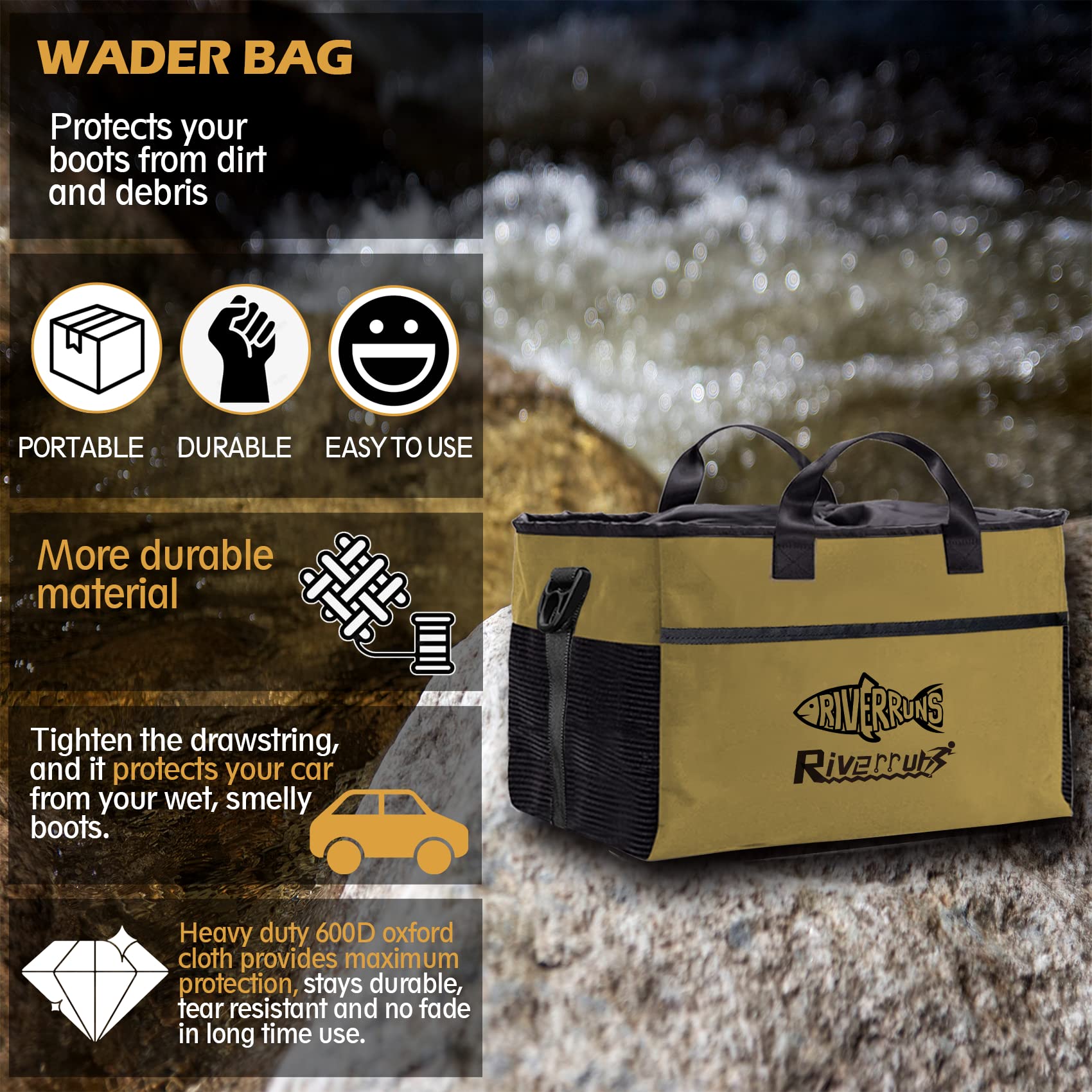 Riverruns Fishing Hunting Wader Bag with Vented Mesh, Waders Boots Bag, Fly Fishing Storage Bag for Fishing, Hiking, Camping (Khaki, XLarge 108L)