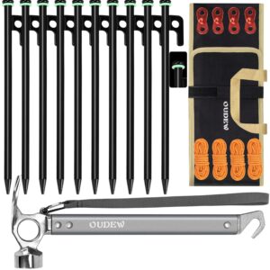 oudew tent stakes and hammer set,10pcs 10 in heavy duty metal tent stakes + 12in camping hammer + reflective camping rope + storage bag,camping accessories for ground,camp and graden(black)