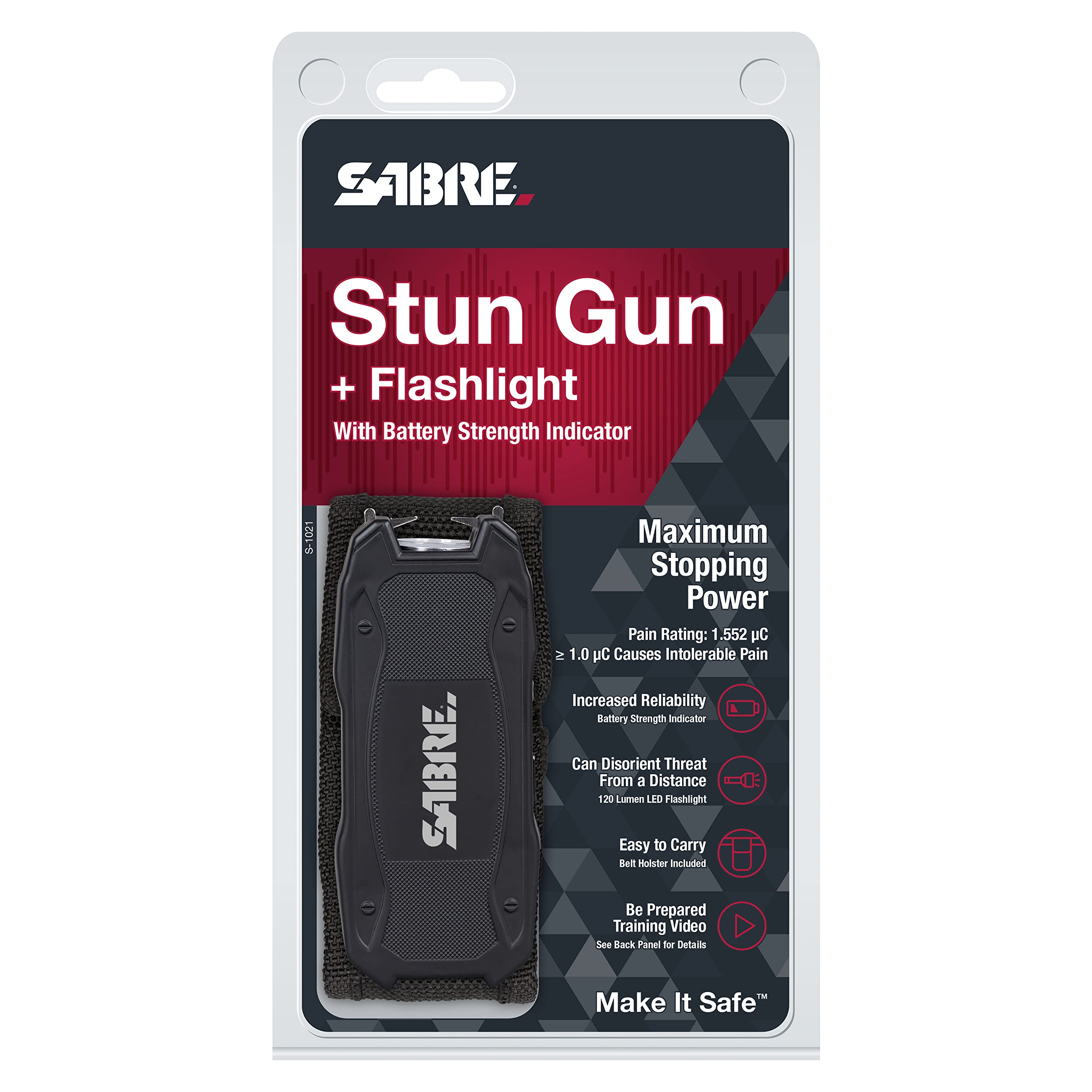 SABRE Stun Gun with Flashlight and Battery Strength Indicator, 1.552 Microcoulombs (µC) Charge, 120 Lumen Flashlight, Increased Reliability, Safety Switch, Rechargeable, Compact Design, Black