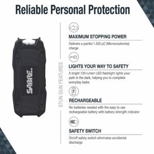 SABRE Stun Gun with Flashlight and Battery Strength Indicator, 1.552 Microcoulombs (µC) Charge, 120 Lumen Flashlight, Increased Reliability, Safety Switch, Rechargeable, Compact Design, Black