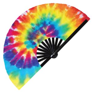 tie dye hand fan foldable bamboo circuit rave hand fans bright tie dyes swirl neon colorful rainbow fan outfit party gear gifts music festival rave accessories (style 18)