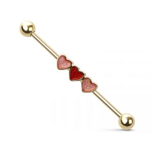 pierced owl 14ga 316l stainless steel triple glitter heart industrial barbell (gold tone)