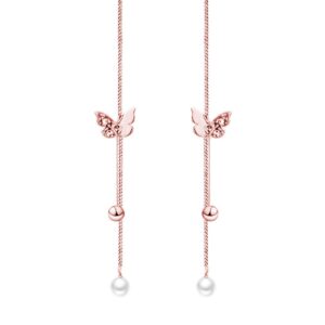 sluynz sterling silver butterfly threader earrings dangle chain for women teen girls pearl long dangle earrings tassel (c-rose gold)