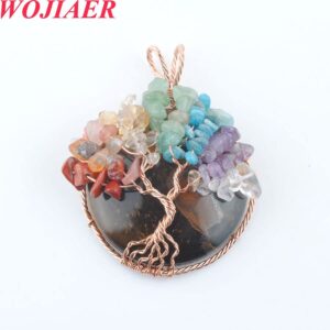 沃佳尔WOJIAER WOJIAER Women Natural Cabochon Stone Tree of Life Pendant Rose Gold Wire Wrap 7 Chakra Chip Bead BO902 (Tiger s Eye O9020)