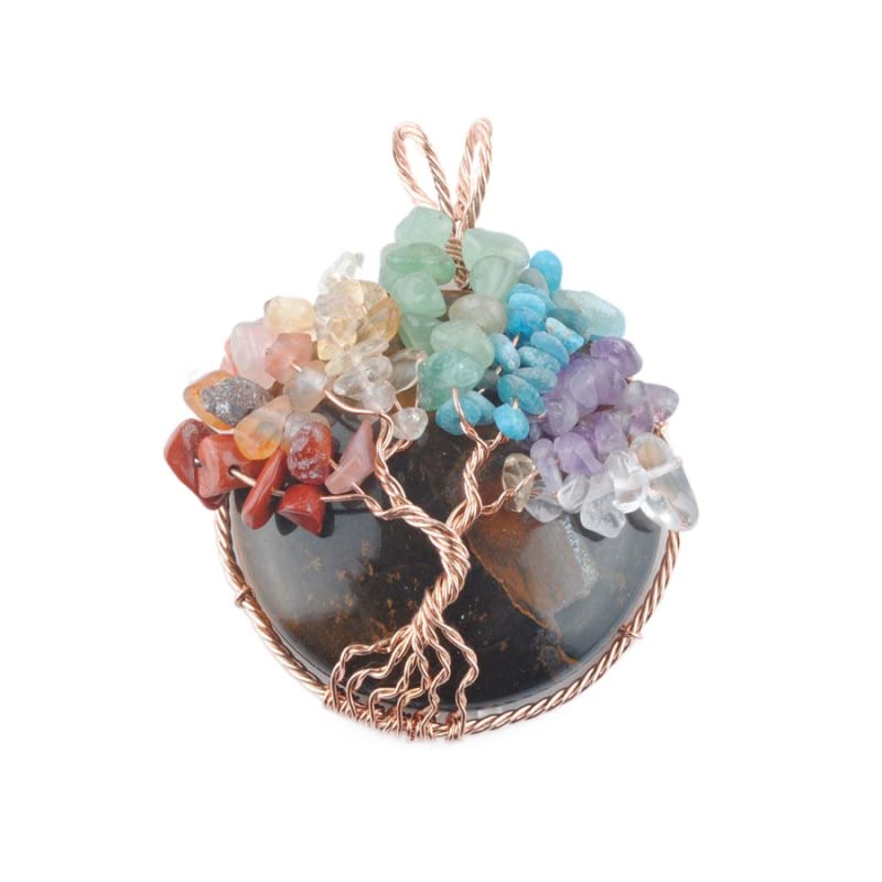 沃佳尔WOJIAER WOJIAER Women Natural Cabochon Stone Tree of Life Pendant Rose Gold Wire Wrap 7 Chakra Chip Bead BO902 (Tiger s Eye O9020)