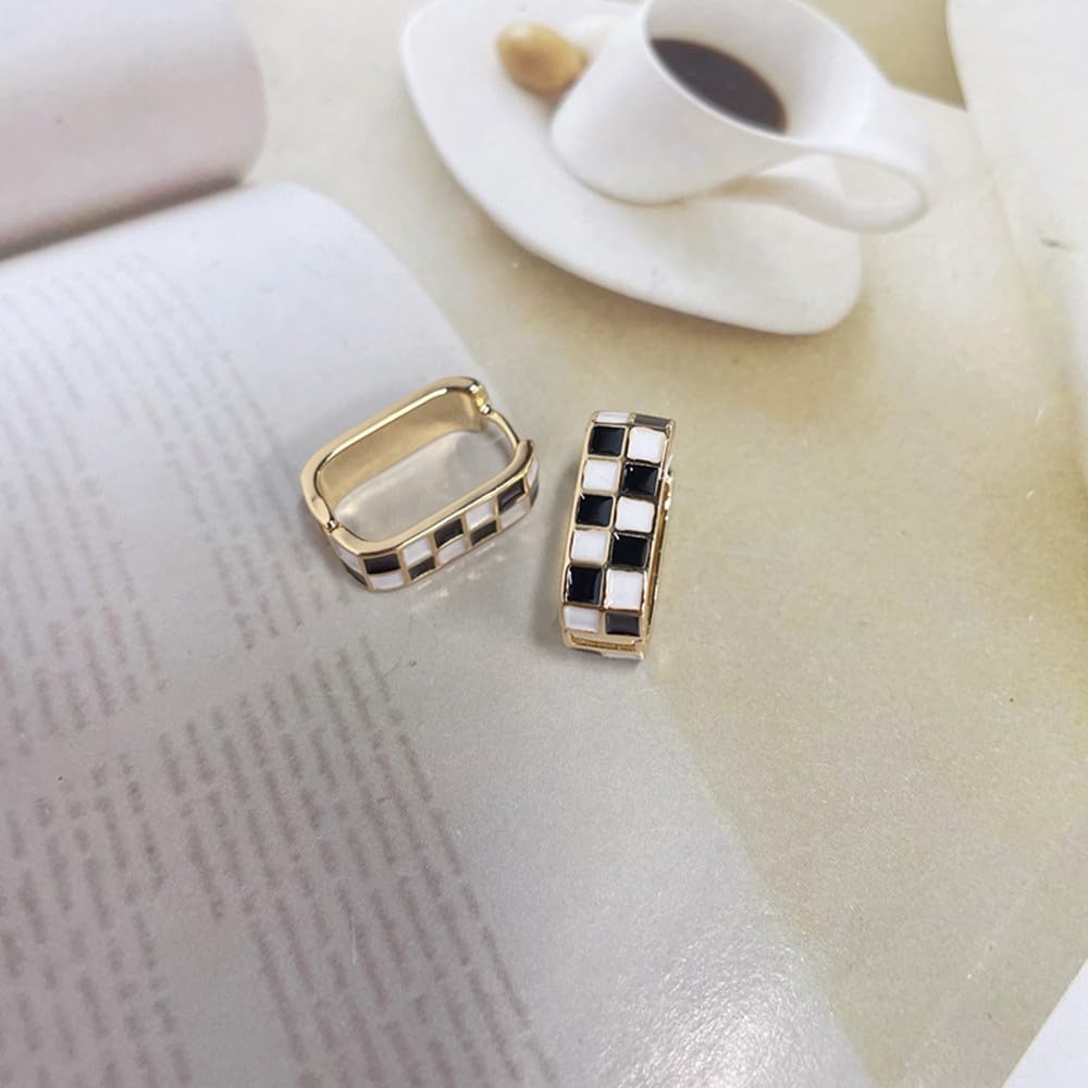 Fashion Checker Chunky Oval Hoop Earrings for Women Dainty 925 Sterling Silver Post 14K Gold Plated Huggie Hoops White Black Enamel Minimalist Hooped Hypoallergenic Gift Her Christmas