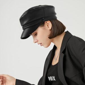 XYIYI Black Women Fiddler Cap Newsboy Hat PU Leather Visor Beret Cap Paperboy Gatsby Hat