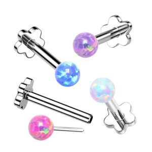 Pierced Owl 16GA G23 Implant Grade Titanium Round Opal Top Threadless Push-in Flower Flat Back Stud (Pink)