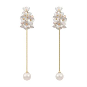 cualque white pearl flower drop earrings 925 sterling silver post long fringe pearl pendant petal stud dangle statement earring for women (pearl flower)