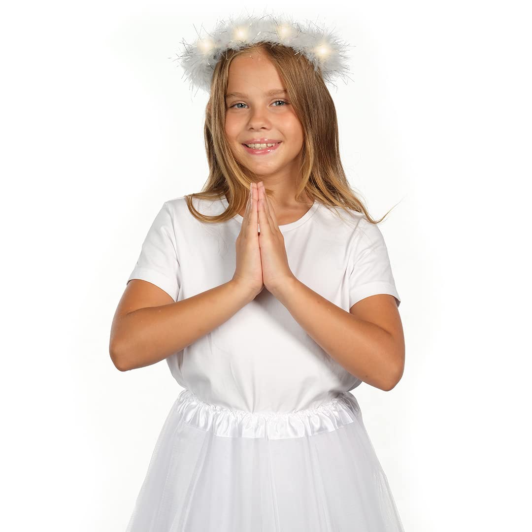 Funcredible White Light up Feathered Angel Halo Headband - Halloween Costumes - Angel Costume for Women, Men and Kids