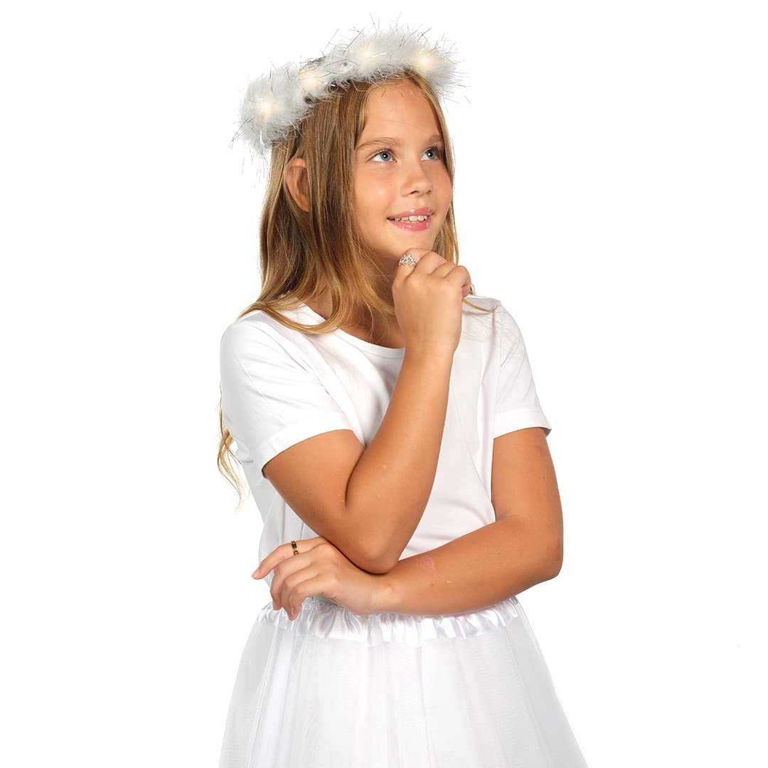 Funcredible White Light up Feathered Angel Halo Headband - Halloween Costumes - Angel Costume for Women, Men and Kids