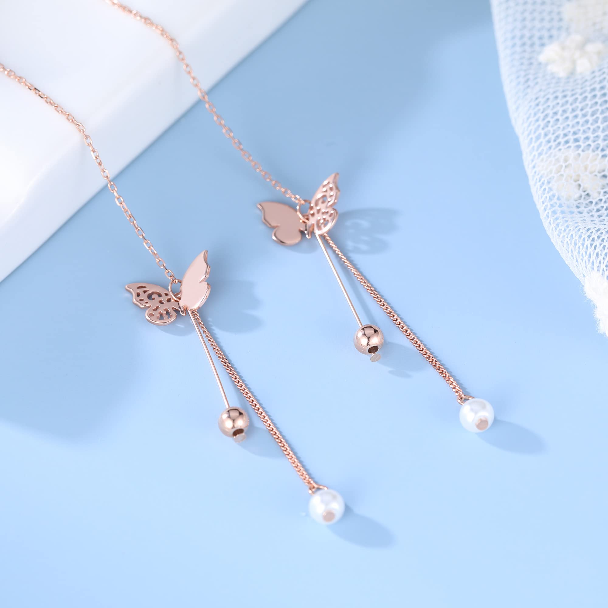 SLUYNZ Sterling Silver Butterfly Threader Earrings Dangle Chain for Women Teen Girls Pearl Long Dangle Earrings Tassel (C-Rose Gold)