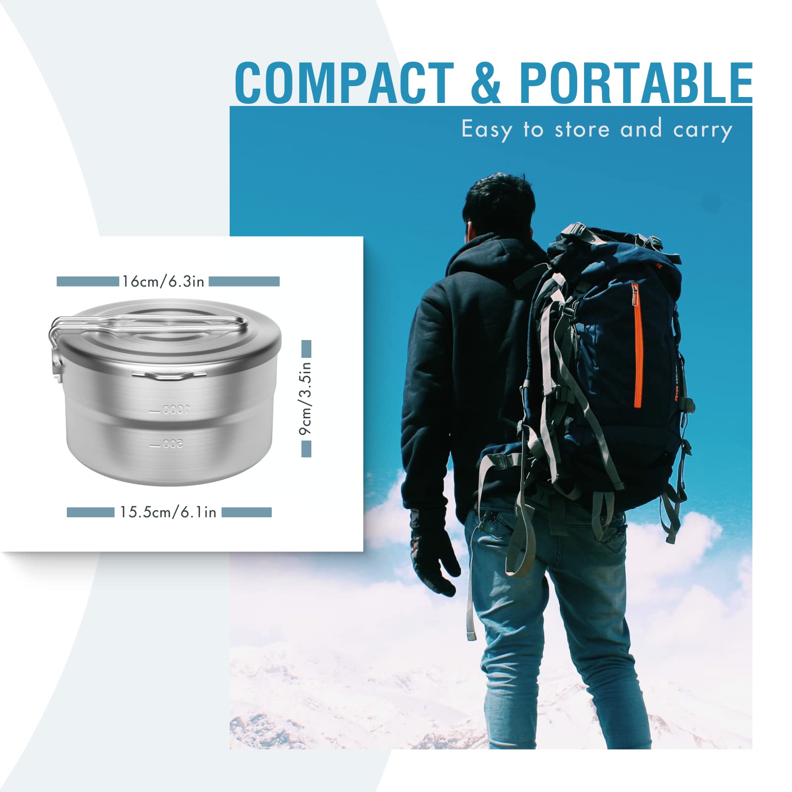 Lixada Camping Pot Stainless Steel Camping Cook Pot 1.5L Camping Cooking Pot with Lid and Folding Handle, Large Capacity Bento Pot Camping Cookware for Outdoor Backpacking, Hiking, Picnic