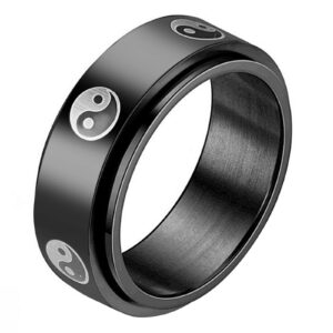 rofusn stainless steel yin yang spinner ring for men women, black tai chi ring promise wedding band jewelry gifts-size 8