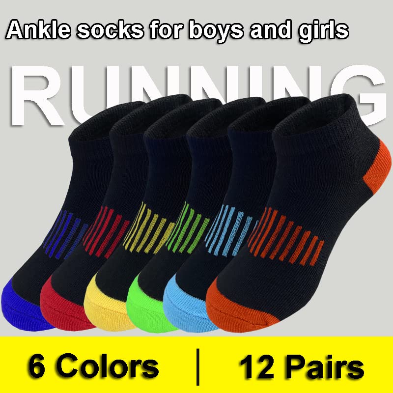 Tsmollyu Boy Socks 12 Pairs Ankle Athletic Cotton Socks Half Cushioned Low Cut Socks For Little Big Kids Age 3-10(7-10 Years)