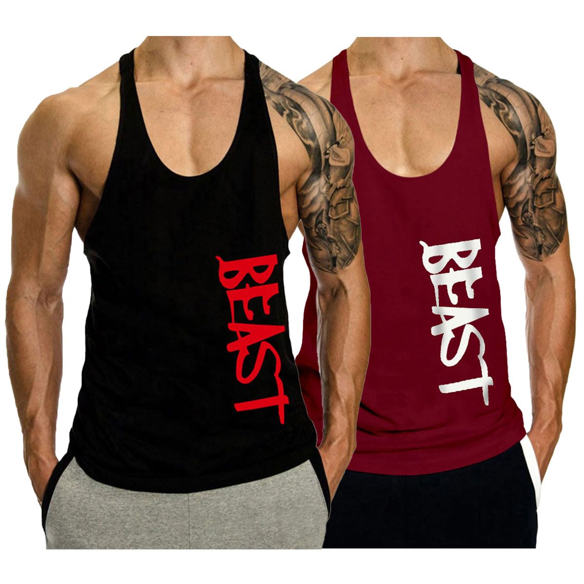 InleaderAesthetics 2 Pack Men's Tank Tops Sleeveless Shirts Y-Back Gym Workout Stringer Tank Tops Bodybuilding Fitness T-Shirts - BK+WNRD-S