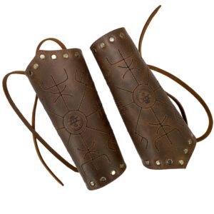 valhalla gear, viking bracer (2 pack) handmade from full grain leather - viking style hand protector for archery, medieval armband, durable wrist guard with adjustable straps - bourbon brown