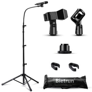 mic stand, bietrun metal gooseneck boom arm mic stand tripod, height＆360° adjustable, with carrying bag & 2 mic clips,compatible with wireless mic＆wired mics for singing/wedding/church/stage/party