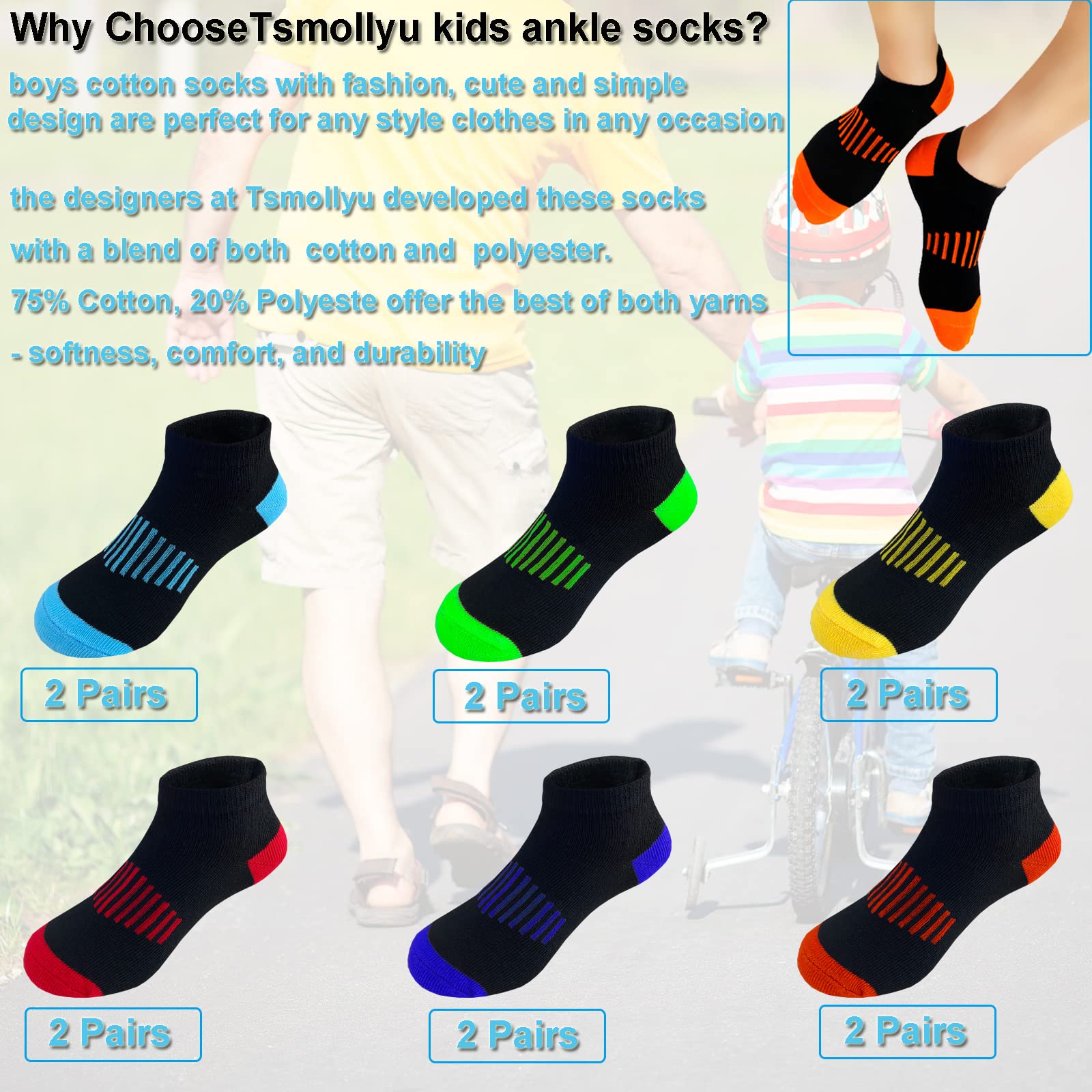 Tsmollyu Boy Socks 12 Pairs Ankle Athletic Cotton Socks Half Cushioned Low Cut Socks For Little Big Kids Age 3-10(7-10 Years)