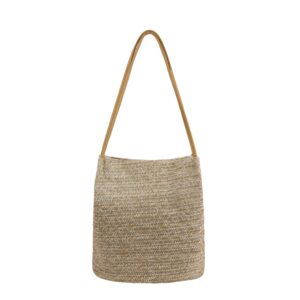 women straw shoulder bag bucket bag beach hobo handbag top handle satchel purse for summer, dark beige