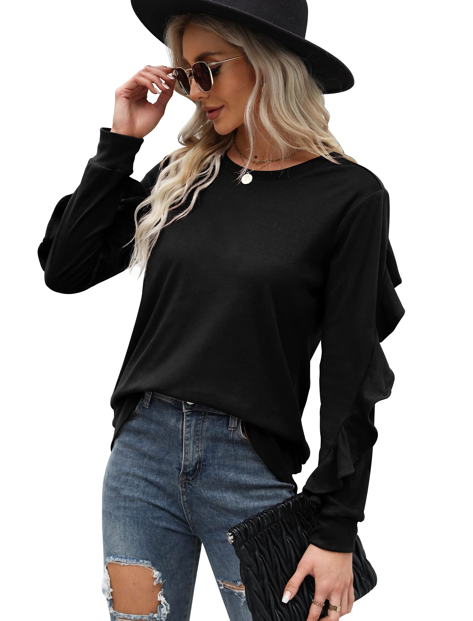 Saloogoe Womens Sweatshirt Ruffle Long Sleeve Tops Fall Clothes Black M