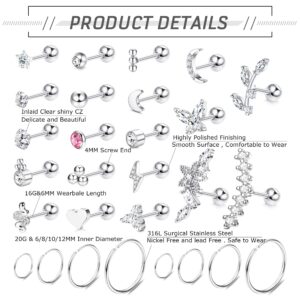 BESTEEL 28 Pcs 16g Cartilage Earring Stud Hoop for Women Tragus Stud Earring Cartilage Piercing Jewelry Surgical Steel Forward Helix Earrings Hoop Rook Daith Conch Piercing Jewelry Silver