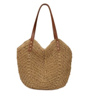 womens large straw tote bag handmade woven beach shoulder bag top handbag purse for summer, brown