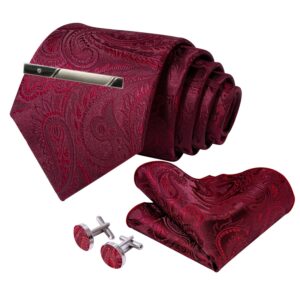 ROBERTO GABBANI Mens Burgundy Silk Tie and Pocket Square Cufflinks Clip Set, Designer Woven Necktie Set for Wedding Business Prom