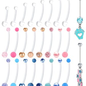 EVELICAL 26Pcs Pregnancy Belly Button Rings Long Bar Maternity Flexible Bioplast CZ Clear Navel Rings Sport Belly Piercing Retainer Body Jewelry Blue