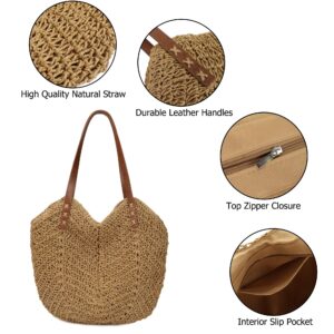 Womens Large Straw Tote Bag Handmade Woven Beach Shoulder Bag Top Handbag Purse for Summer, Brown