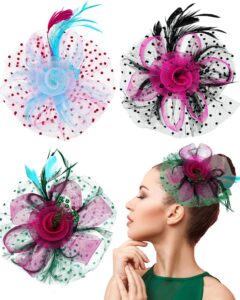 3 pack fascinators hats for women, tea party hats for girls flower cocktail mesh feathers hair clip for party (cute color)