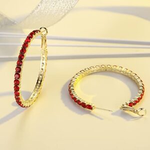 SELOVO Hoop Earrings Red Crystal Hoop Earrings 1.8" Gold Tone