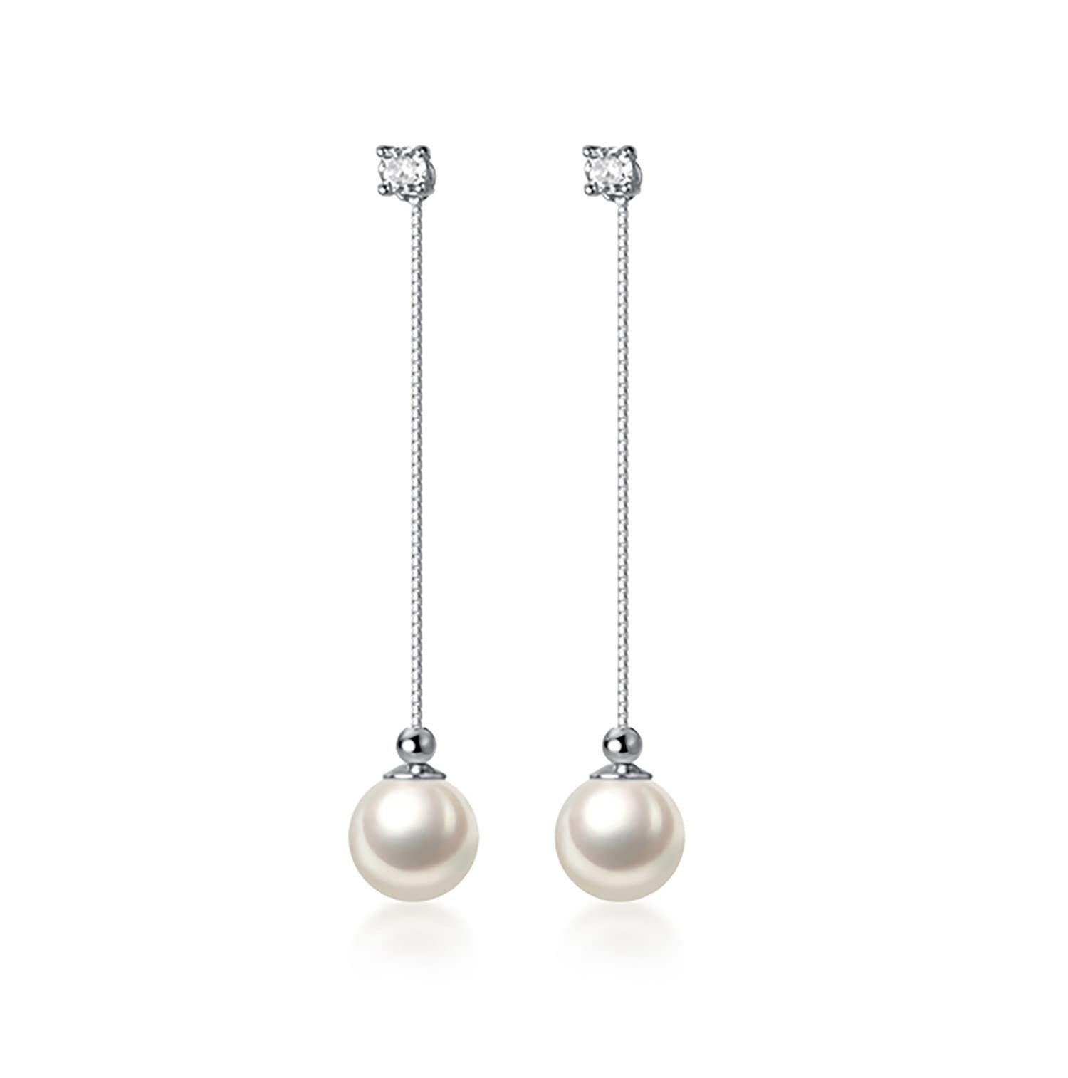 Reffeer Solid 925 Sterling Silver Pearl Earrings Drop for Women Teens Girls Pearl Dangle Earrings CZ Studs Wedding Bridal Dangle Earrings