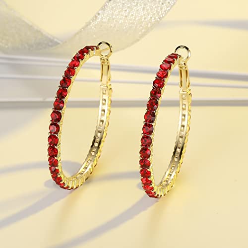 SELOVO Hoop Earrings Red Crystal Hoop Earrings 1.8" Gold Tone