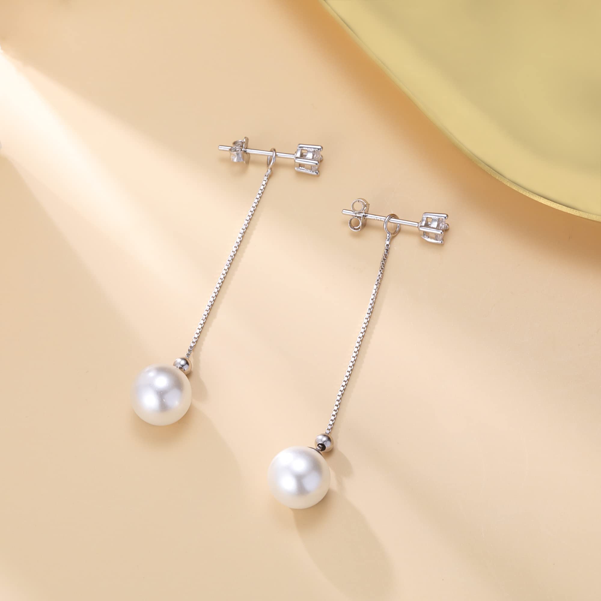 Reffeer Solid 925 Sterling Silver Pearl Earrings Drop for Women Teens Girls Pearl Dangle Earrings CZ Studs Wedding Bridal Dangle Earrings