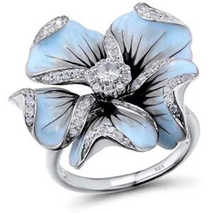 female blue big flower drop oil zircon ring for women