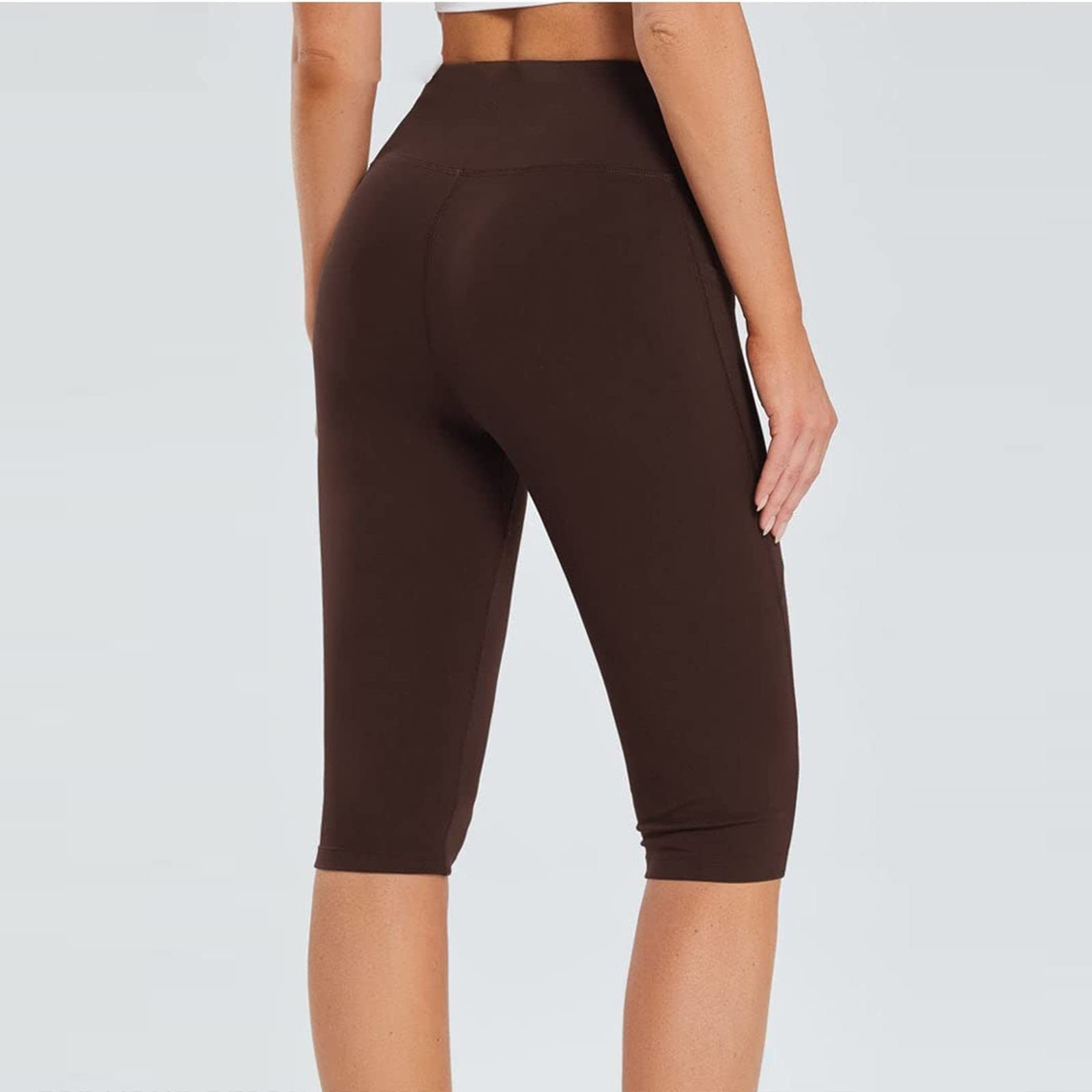 tuduoms High Waist Biker Short for Women Stretch Yoga Workout Capri Leggings Knee Length Cycling Capris Comfy Running Joggers Brown